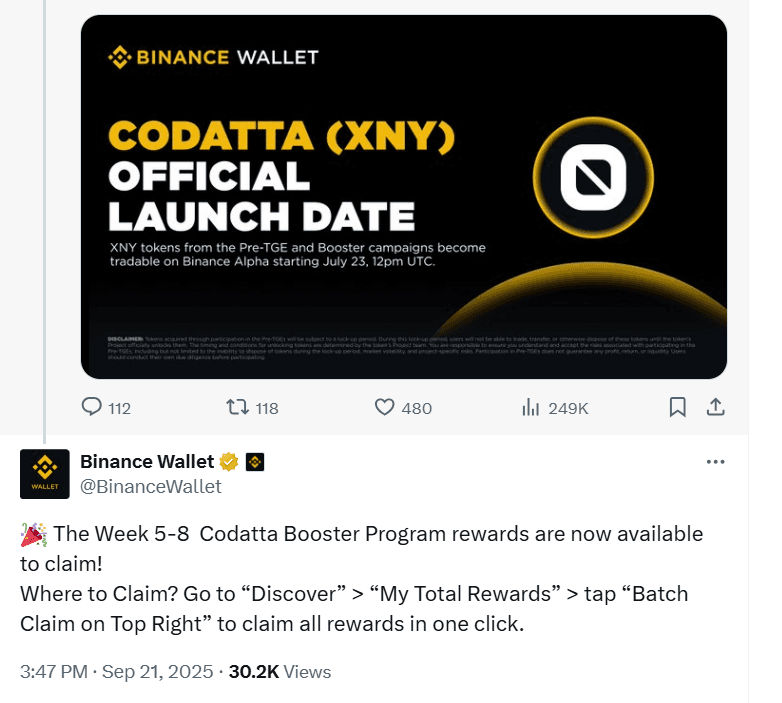 Cara Mudah Klaim Token XNY Codatta di Binance Wallet | Panduan Batch Claim & Jadwal Trading ...