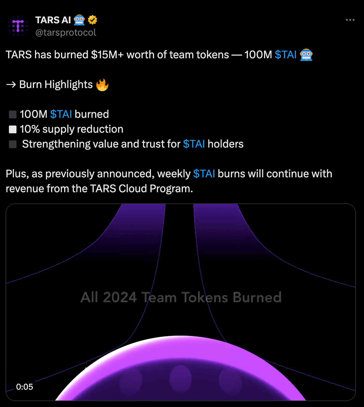 Tars AI ($TAI) Burn Token Here in full